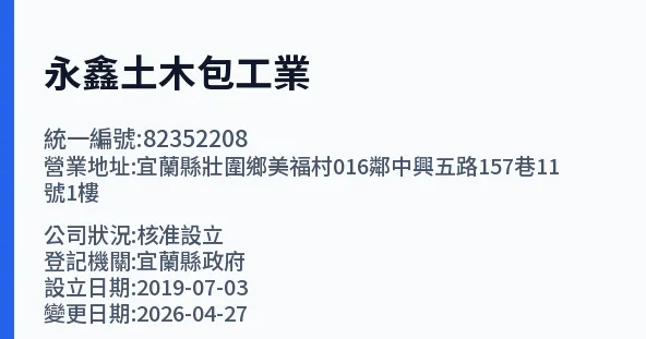 永鑫土木包工業的照片-統編 82352208(宜蘭縣) 公司登記資料與營業項目詳細圖表