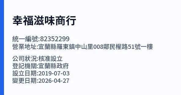 幸福滋味商行的照片-統編 82352299(宜蘭縣) 公司登記資料與營業項目詳細圖表