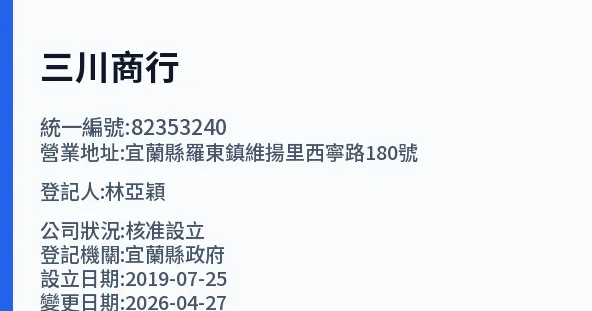 三川商行的照片-統編 82353240(宜蘭縣) 公司登記資料與營業項目詳細圖表