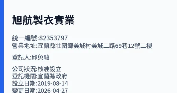 旭航製衣實業的照片-統編 82353797(宜蘭縣) 公司登記資料與營業項目詳細圖表