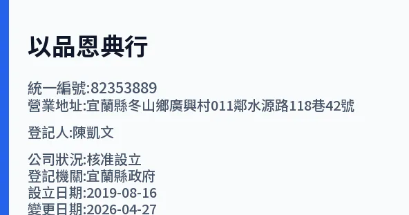 以品恩典行的照片-統編 82353889(宜蘭縣) 公司登記資料與營業項目詳細圖表