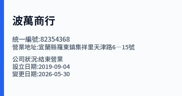波萬商行的照片-統編 82354368(宜蘭縣) 公司登記資料與營業項目詳細圖表
