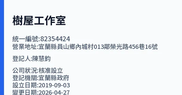 樹屋工作室的照片-統編 82354424(宜蘭縣) 公司登記資料與營業項目詳細圖表