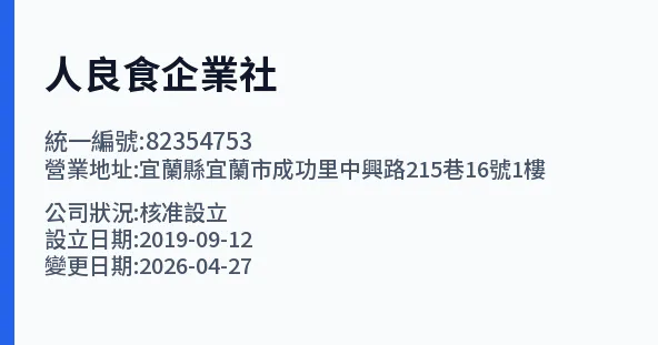 人良食企業社的照片-統編 82354753(宜蘭縣) 公司登記資料與營業項目詳細圖表