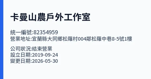 卡曼山農戶外工作室的照片-統編 82354959(宜蘭縣) 公司登記資料與營業項目詳細圖表