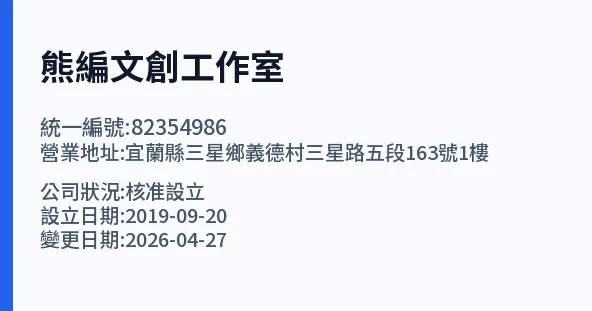 熊編文創工作室的照片-統編 82354986(宜蘭縣) 公司登記資料與營業項目詳細圖表