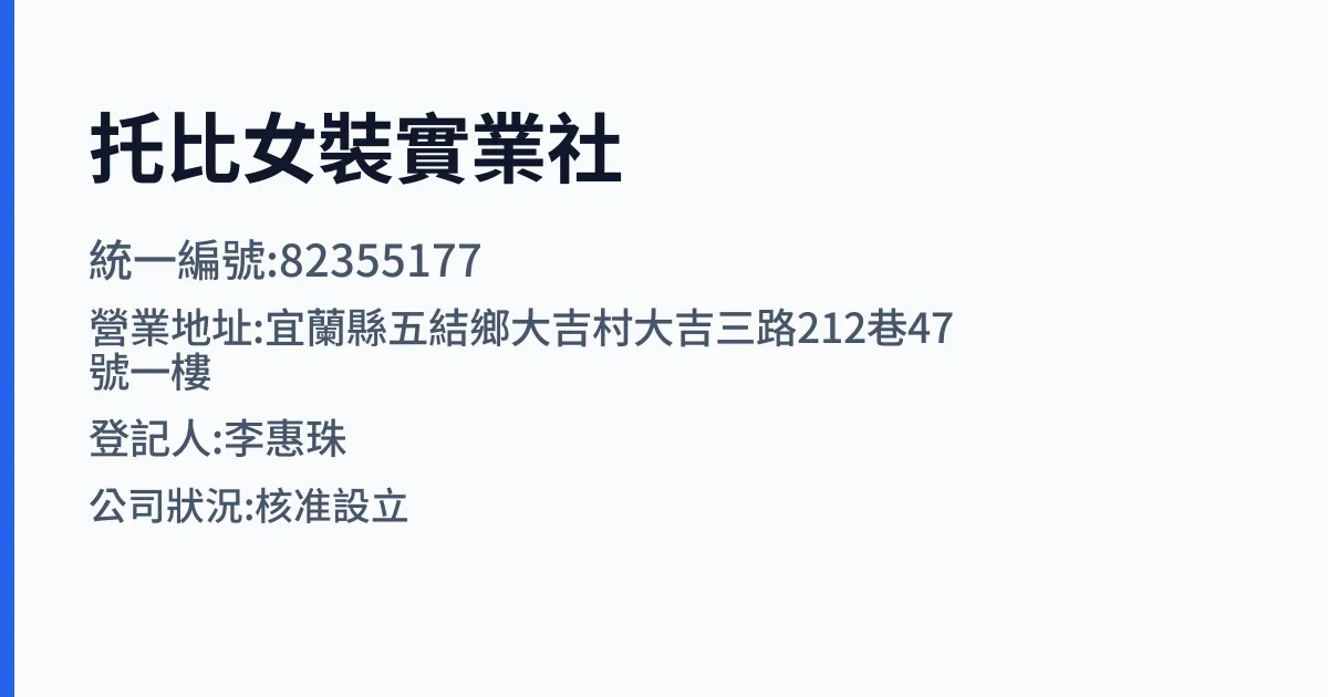托比女裝實業社 - 統編 82355177(宜蘭縣) 公司登記資料與營業項目詳細圖表