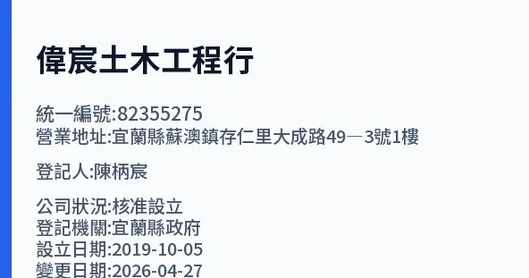 偉宸土木工程行的照片-統編 82355275(宜蘭縣) 公司登記資料與營業項目詳細圖表