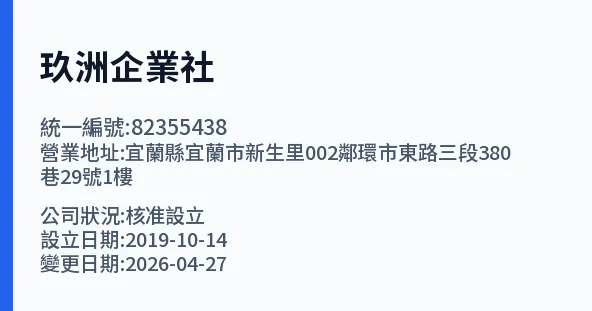 玖洲企業社的照片-統編 82355438(宜蘭縣) 公司登記資料與營業項目詳細圖表