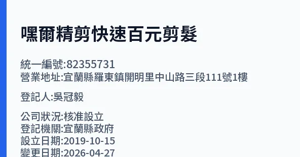 嘿爾精剪快速百元剪髮的照片-統編 82355731(宜蘭縣) 公司登記資料與營業項目詳細圖表
