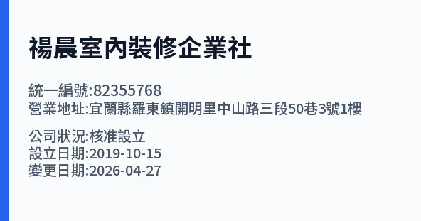 禓晨室內裝修企業社的照片-統編 82355768(宜蘭縣) 公司登記資料與營業項目詳細圖表