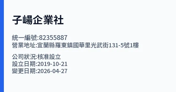 子崵企業社的照片-統編 82355887(宜蘭縣) 公司登記資料與營業項目詳細圖表
