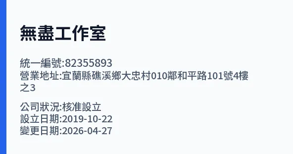 無盡工作室的照片-統編 82355893(宜蘭縣) 公司登記資料與營業項目詳細圖表