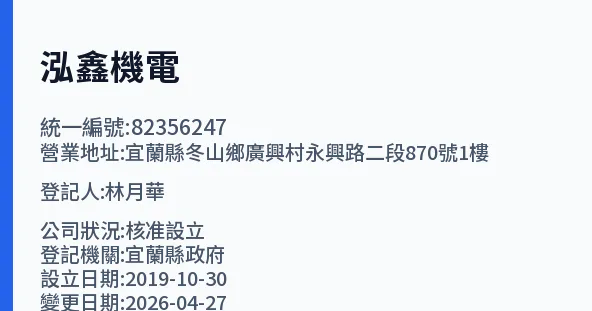 泓鑫機電的照片-統編 82356247(宜蘭縣) 公司登記資料與營業項目詳細圖表
