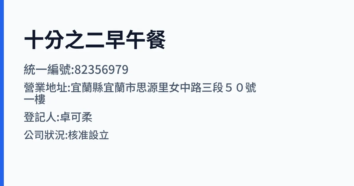 十分之二早午餐 - 統編 82356979(宜蘭縣) 公司登記資料與營業項目詳細圖表