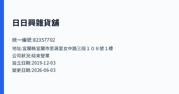 日日興雜貨舖的照片-統編 82357702(宜蘭縣) 公司登記資料與營業項目詳細圖表
