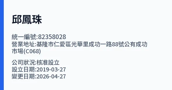 邱鳳珠的照片-統編 82358028(基隆市) 公司登記資料與營業項目詳細圖表