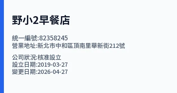 野小2早餐店的照片-統編 82358245(新北市) 公司登記資料與營業項目詳細圖表
