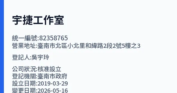 宇捷工作室的照片-統編 82358765(臺南市) 公司登記資料與營業項目詳細圖表