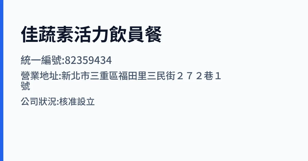 佳蔬素活力飲員餐 - 統編 82359434(新北市) 公司登記資料與營業項目詳細圖表