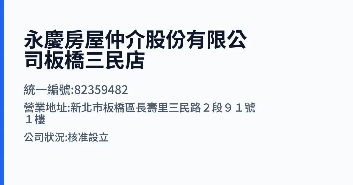 永慶房屋仲介股份有限公司板橋三民店 - 統編 82359482(新北市) 公司登記資料與營業項目詳細圖表
