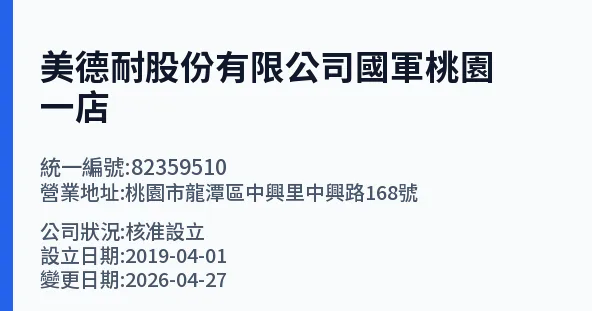 美德耐股份有限公司國軍桃園一店的照片-統編 82359510(桃園市) 公司登記資料與營業項目詳細圖表