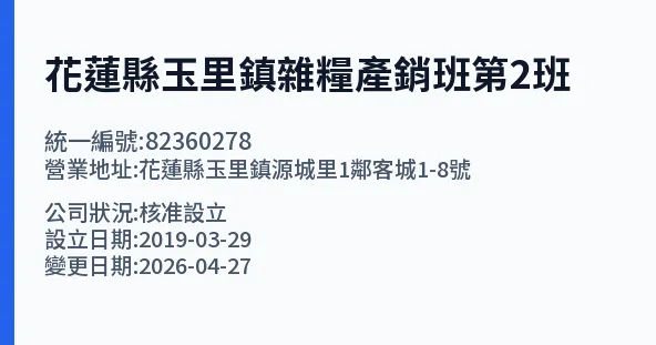 花蓮縣玉里鎮雜糧產銷班第2班的照片-統編 82360278(花蓮縣) 公司登記資料與營業項目詳細圖表