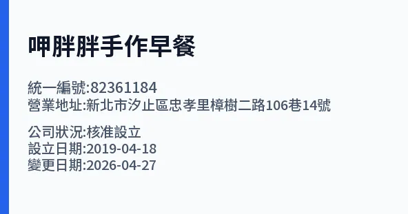 呷胖胖手作早餐的照片-統編 82361184(新北市) 公司登記資料與營業項目詳細圖表