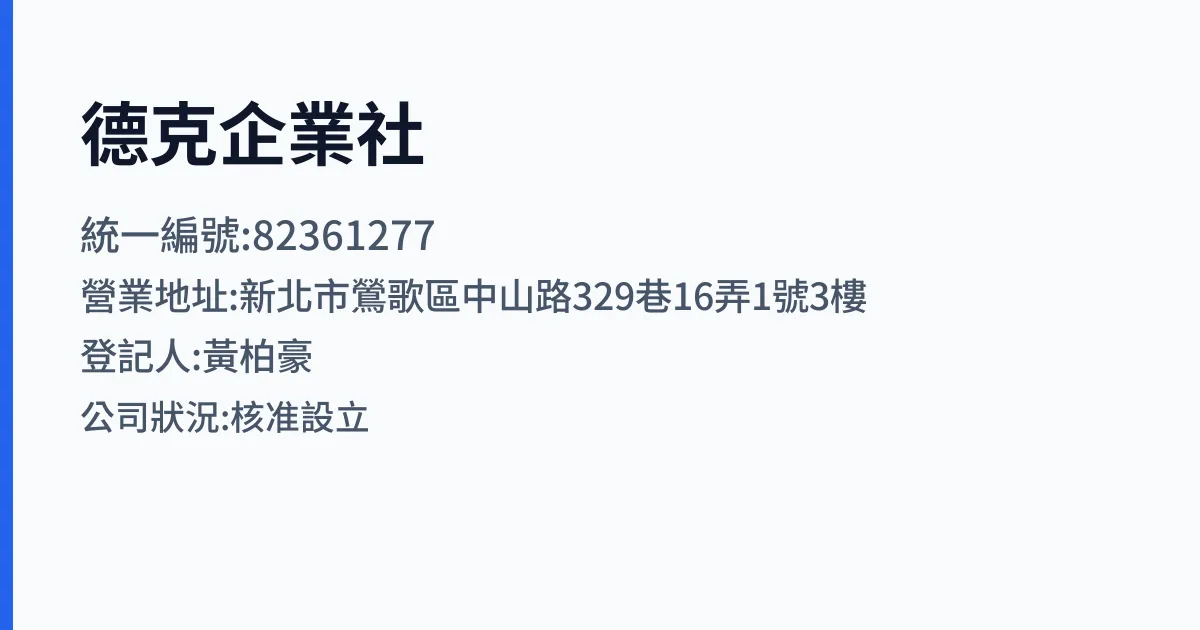 德克企業社 - 統編 82361277(新北市) 公司登記資料與營業項目詳細圖表
