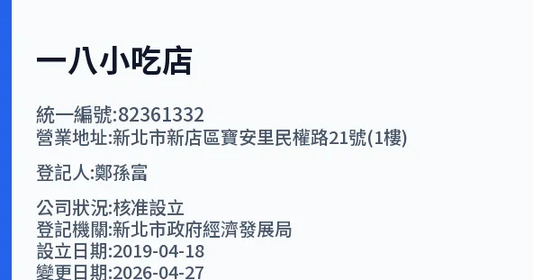 一八小吃店的照片-統編 82361332(新北市) 公司登記資料與營業項目詳細圖表
