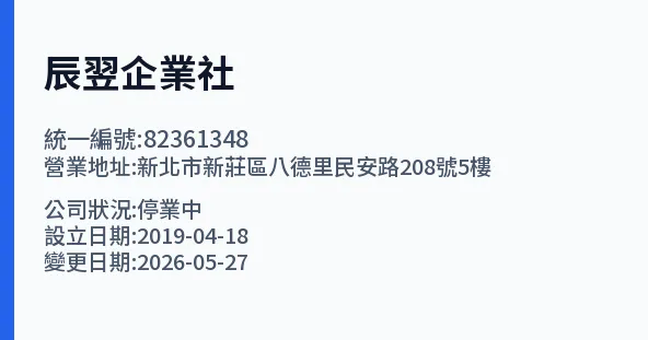 辰翌企業社的照片-統編 82361348(新北市) 公司登記資料與營業項目詳細圖表