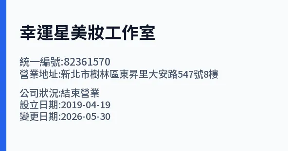 幸運星美妝工作室的照片-統編 82361570(新北市) 公司登記資料與營業項目詳細圖表