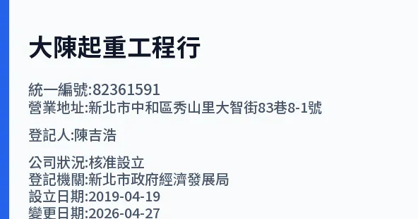 大陳起重工程行的照片-統編 82361591(新北市) 公司登記資料與營業項目詳細圖表