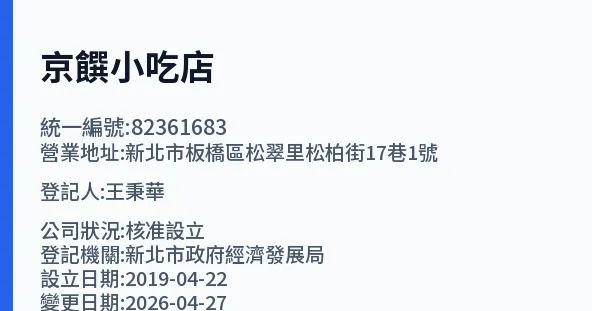 京饌小吃店的照片-統編 82361683(新北市) 公司登記資料與營業項目詳細圖表