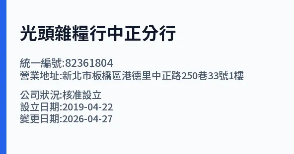 光頭雜糧行中正分行的照片-統編 82361804(新北市) 公司登記資料與營業項目詳細圖表