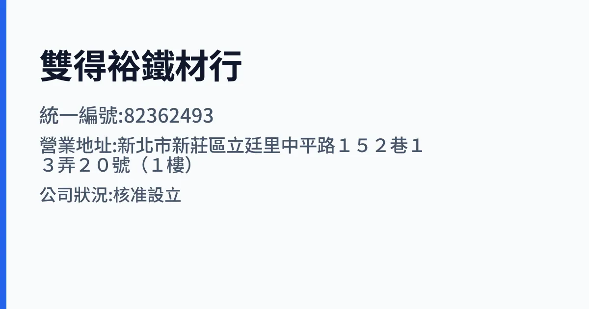 雙得裕鐵材行 - 統編 82362493(新北市) 公司登記資料與營業項目詳細圖表