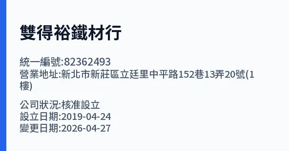 雙得裕鐵材行的照片-統編 82362493(新北市) 公司登記資料與營業項目詳細圖表