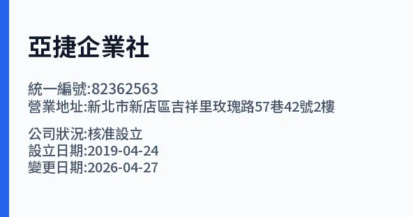亞捷企業社的照片-統編 82362563(新北市) 公司登記資料與營業項目詳細圖表