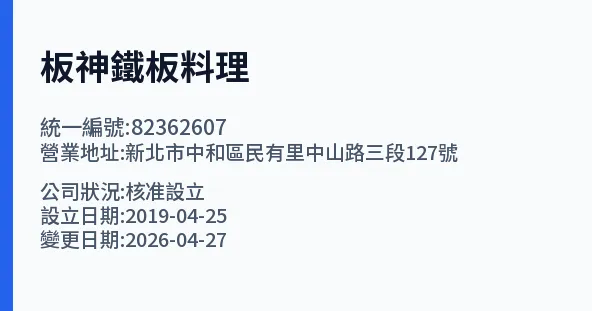 板神鐵板料理的照片-統編 82362607(新北市) 公司登記資料與營業項目詳細圖表