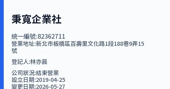 秉寬企業社的照片-統編 82362711(新北市) 公司登記資料與營業項目詳細圖表