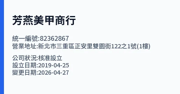 芳燕美甲商行的照片-統編 82362867(新北市) 公司登記資料與營業項目詳細圖表