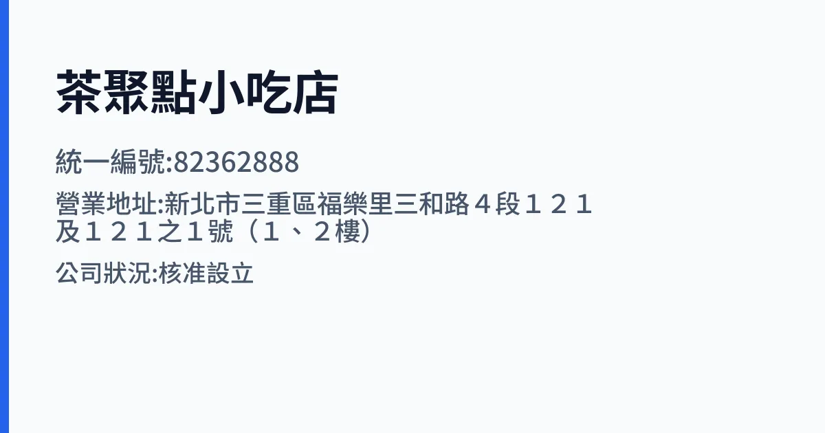 茶聚點小吃店 - 統編 82362888(新北市) 公司登記資料與營業項目詳細圖表