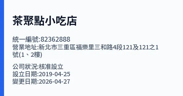 茶聚點小吃店的照片-統編 82362888(新北市) 公司登記資料與營業項目詳細圖表