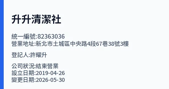 升升清潔社的照片-統編 82363036(新北市) 公司登記資料與營業項目詳細圖表