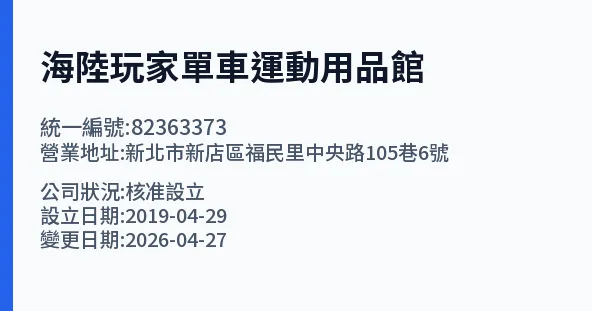 海陸玩家單車運動用品館的照片-統編 82363373(新北市) 公司登記資料與營業項目詳細圖表