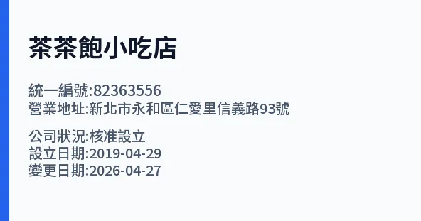 茶茶飽小吃店的照片-統編 82363556(新北市) 公司登記資料與營業項目詳細圖表