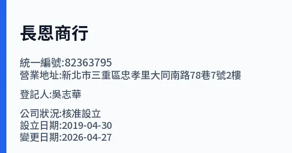長恩商行的照片-統編 82363795(新北市) 公司登記資料與營業項目詳細圖表