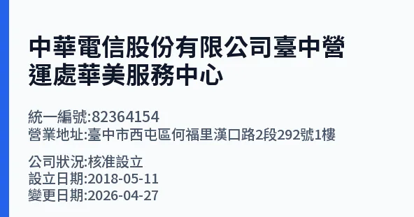 中華電信股份有限公司臺中營運處華美服務中心的照片-統編 82364154(臺中市) 公司登記資料與營業項目詳細圖表