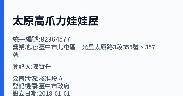太原高爪力娃娃屋的照片-統編 82364577(臺中市) 公司登記資料與營業項目詳細圖表