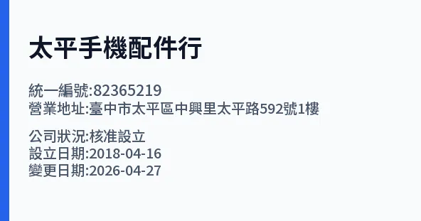 太平手機配件行的照片-統編 82365219(臺中市) 公司登記資料與營業項目詳細圖表